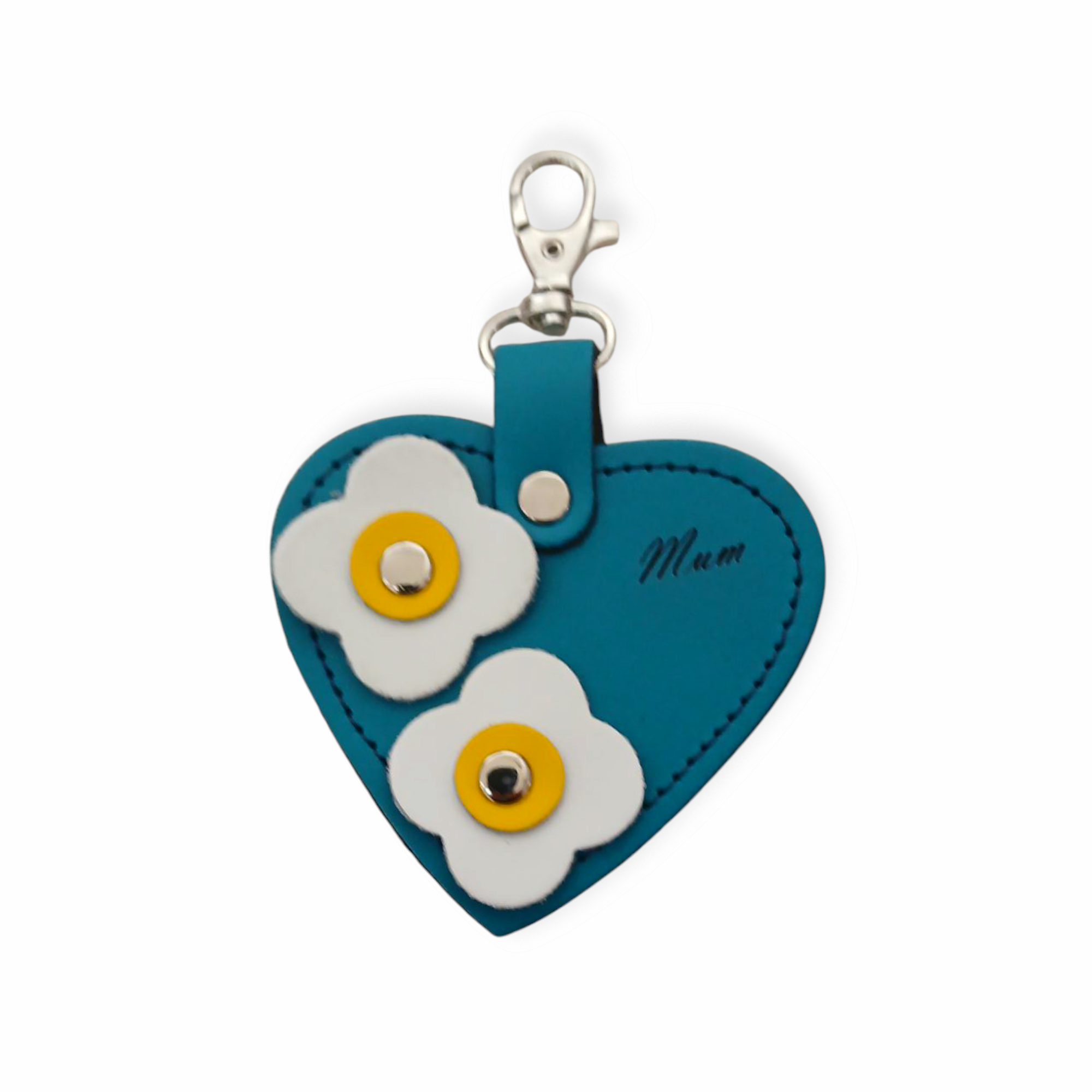 Love heart bag charm - with 'Mum' engraving and flower appliques - Tea ...
